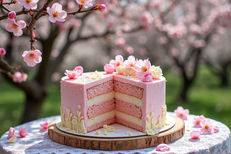 Floral Pink Layer Cake in Spring Orchard with Cherry Blossoms on Lace ...