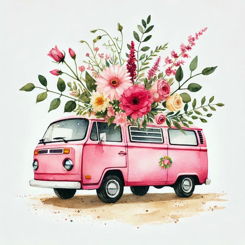 Floral Pink Van stock illustration. Illustration of meadow - 359461556