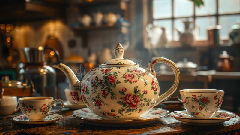 Floral Porcelain Teapot and Teacups in a Cozy Rustic Kitchen Setting ...