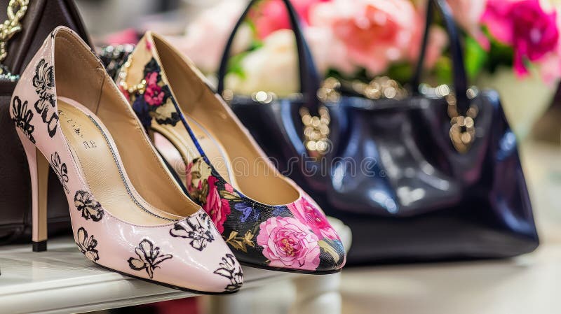 Floral Print High Heels Displayed with Handbags Stock Photo - Image of ...