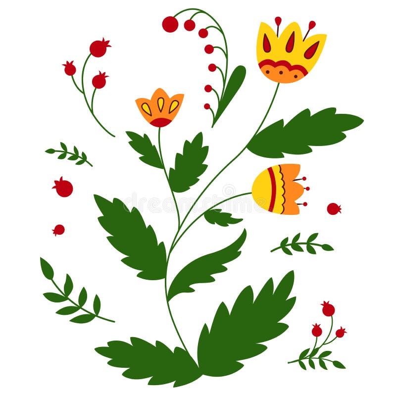 Floral Print in a Rustic Style. Isolate on a White Background. Doodles ...