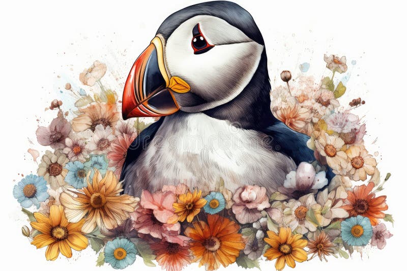 Floral Puffin Sublimation Clipart Isolate on White Background. Stock ... Floral Puffin Sublimation Clipart Isolate on White Background. Stock ...