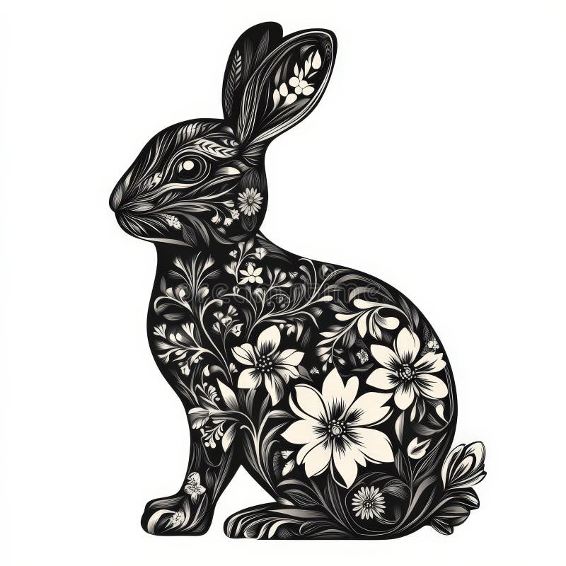 Elegant Rabbit Silhouette Adorned with Decorative Floral Patterns and ...