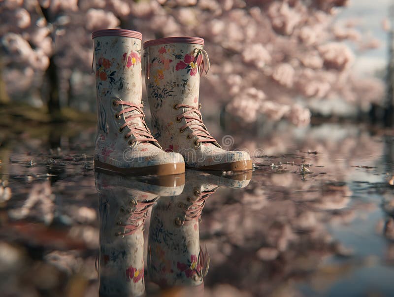 Floral Rain Boots Spring Fashion Cherry Blossom Reflection Stock ...