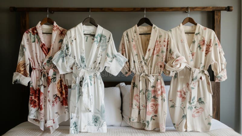 Floral Robes Hanging in Bedroom Setting Stock Photo - Image of festive ...