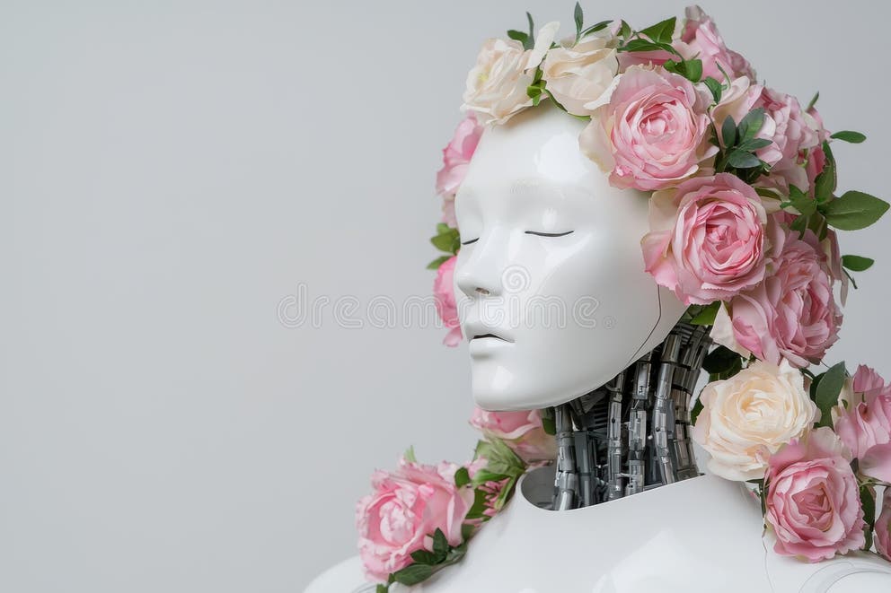 Floral Robot Head with Pink Roses Stock Illustration - Illustration of ...