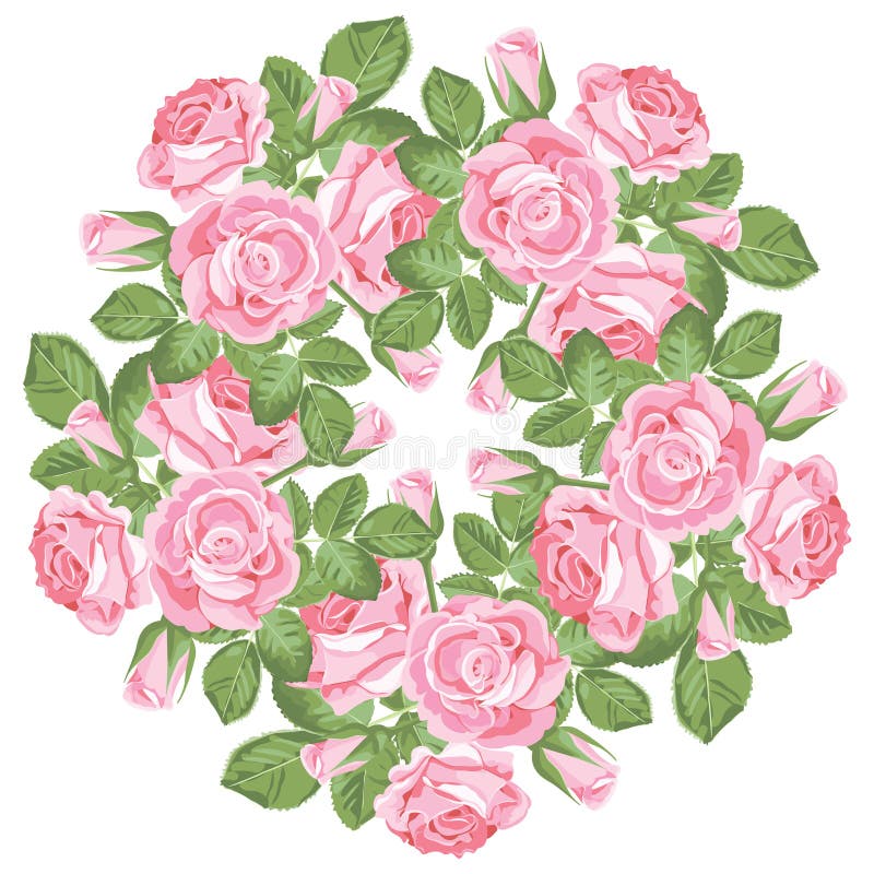 Floral Round Pattern on White Background. Realistic Pink Roses Stock ...
