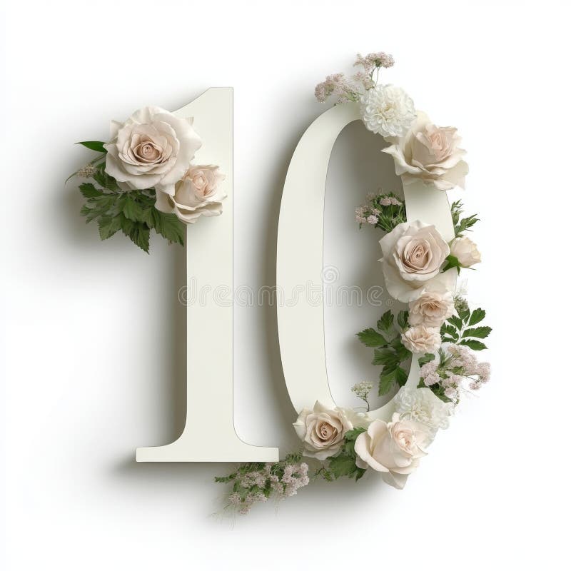 Floral Script Letter 10 Entwined with Soft Roses on a White Background ...