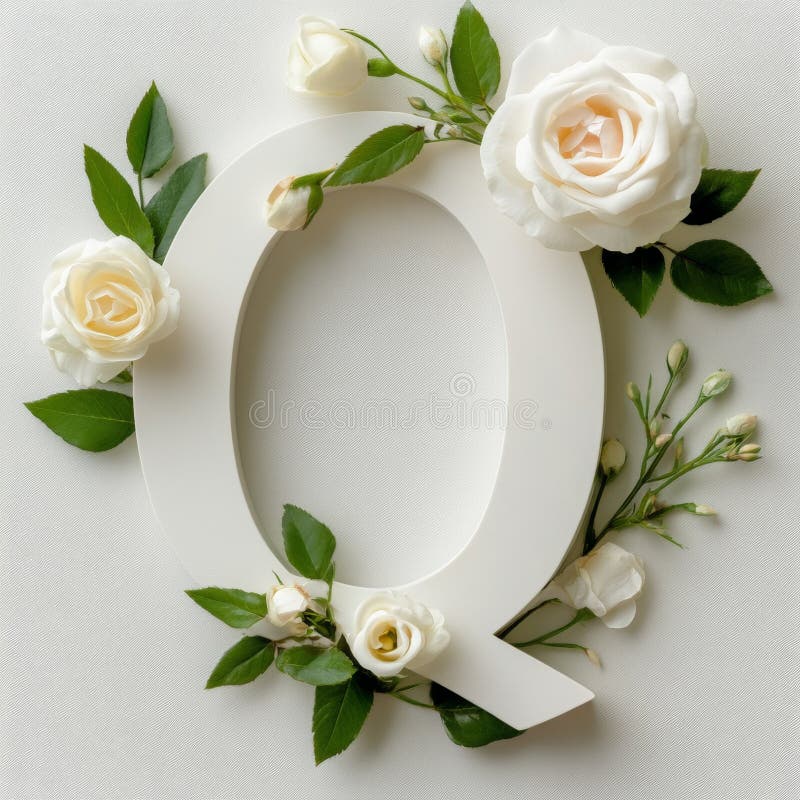 Floral Script Letter Q Entwined with Delicate Roses on a Soft White ...