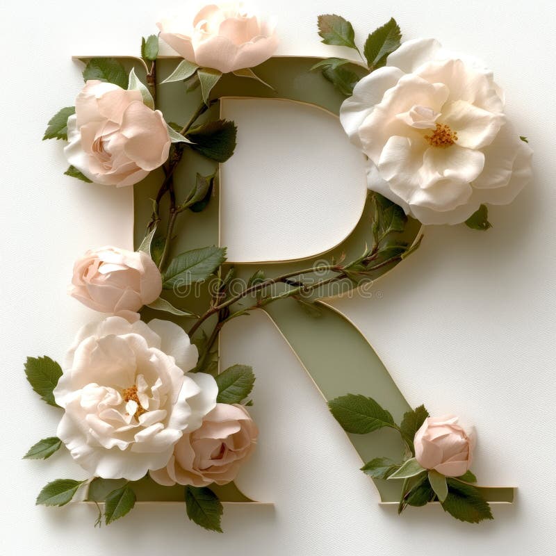 Floral Script Letter R Entwined with Elegant Roses on a White ...