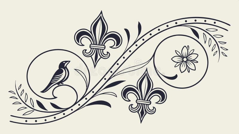 Floral Scroll with Bird and Fleur,de,lis, Decorative Design Vector ...