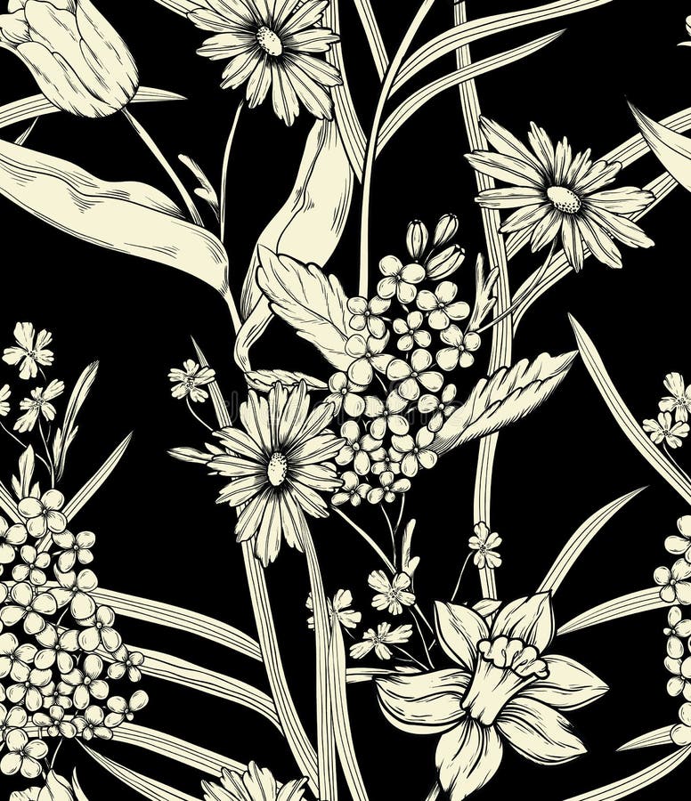 Black and White Floral Seamless Pattern Stock Vector - Illustration of ...