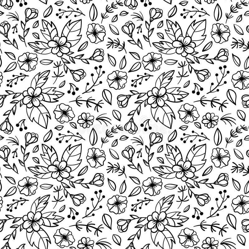 Floral Seamless Pattern. Black and White Doodle Illustration on White ...