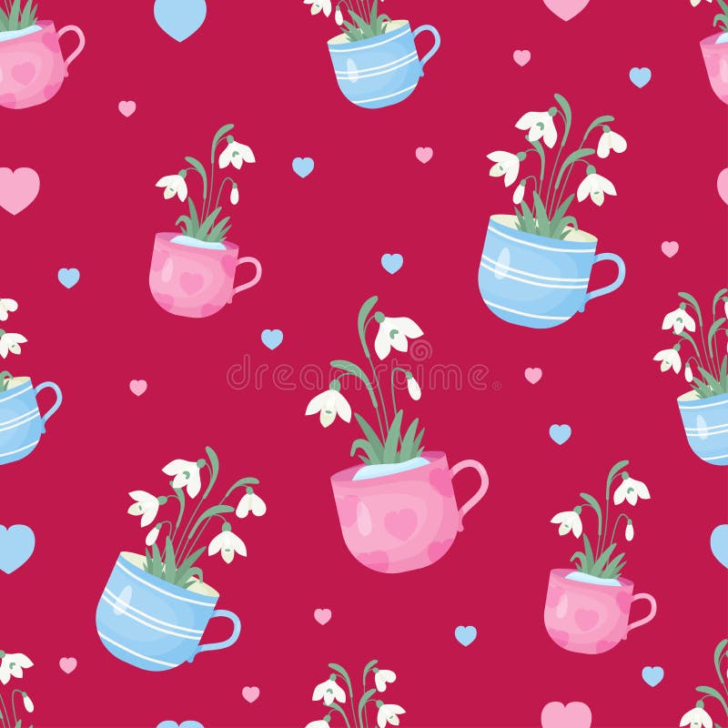 Floral Seamless Pattern. Bouquet of White Snowdrop Flowers in Cup on ... Floral Seamless Pattern. Bouquet of White Snowdrop Flowers in Cup on ...