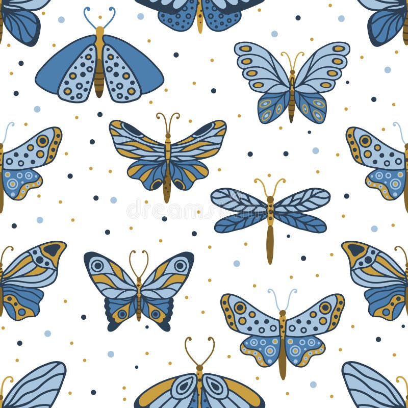 Floral Seamless Pattern with Butterflies, Hand Drawn Elements, Vector ...