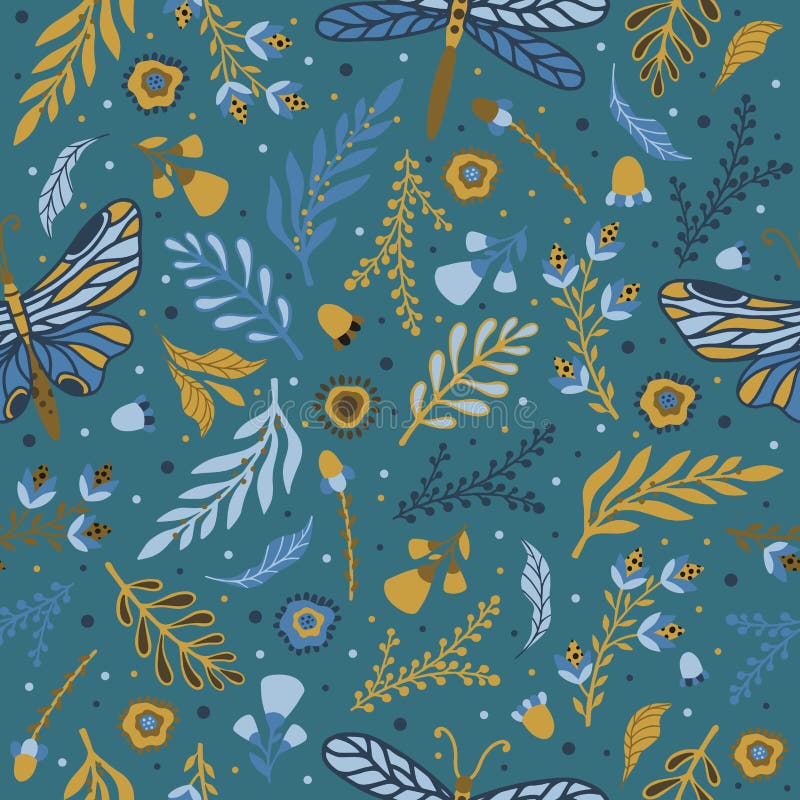 Floral Seamless Pattern with Butterflies, Hand Drawn Elements, Vector ...