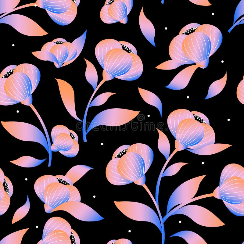 Floral Seamless Pattern. Cosmic Gradient Flowers on a Black Background ...