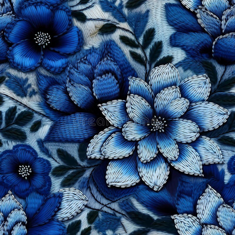 Floral Seamless Pattern with Deep Blue Flowers and Cross Stitch Texture ...