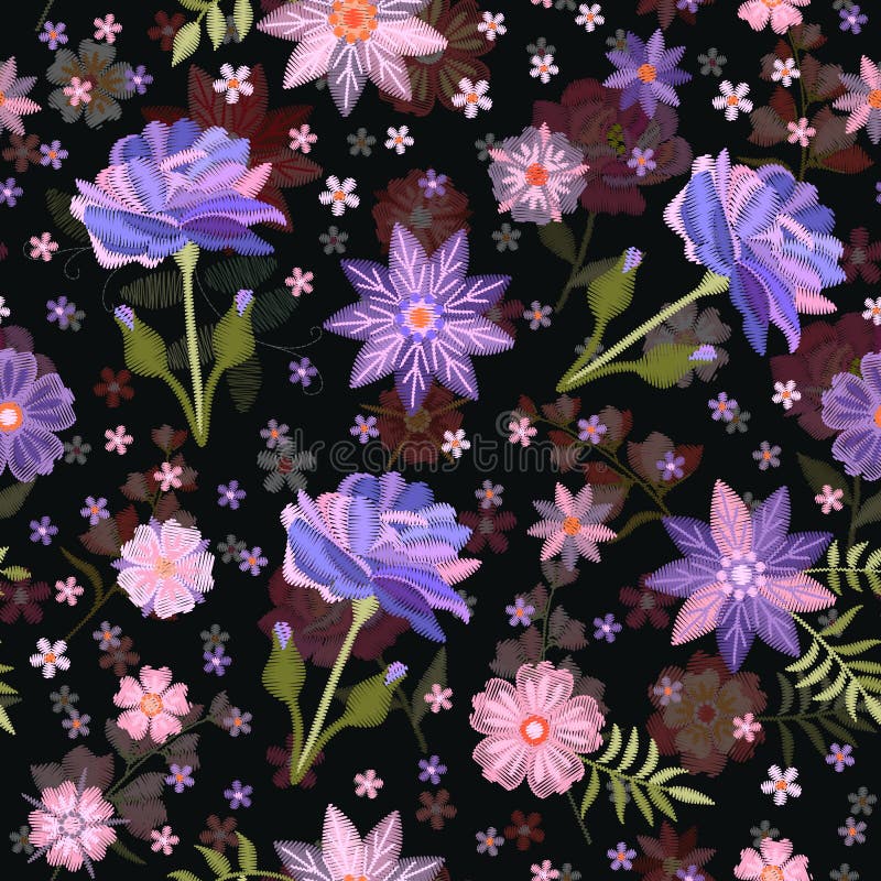 Embroidery Design with Beautiful Flowers and Leaves. Colorful Bouquet ...