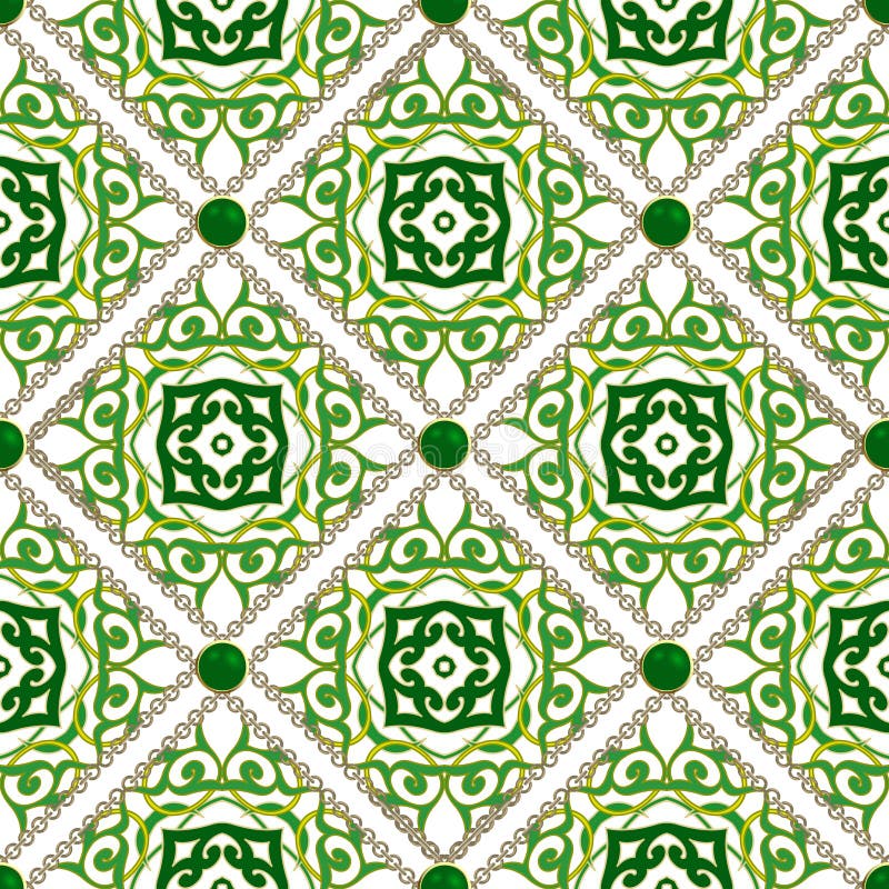 Floral Seamless Pattern Golden Chains Frames 3d Buttons Colorful
