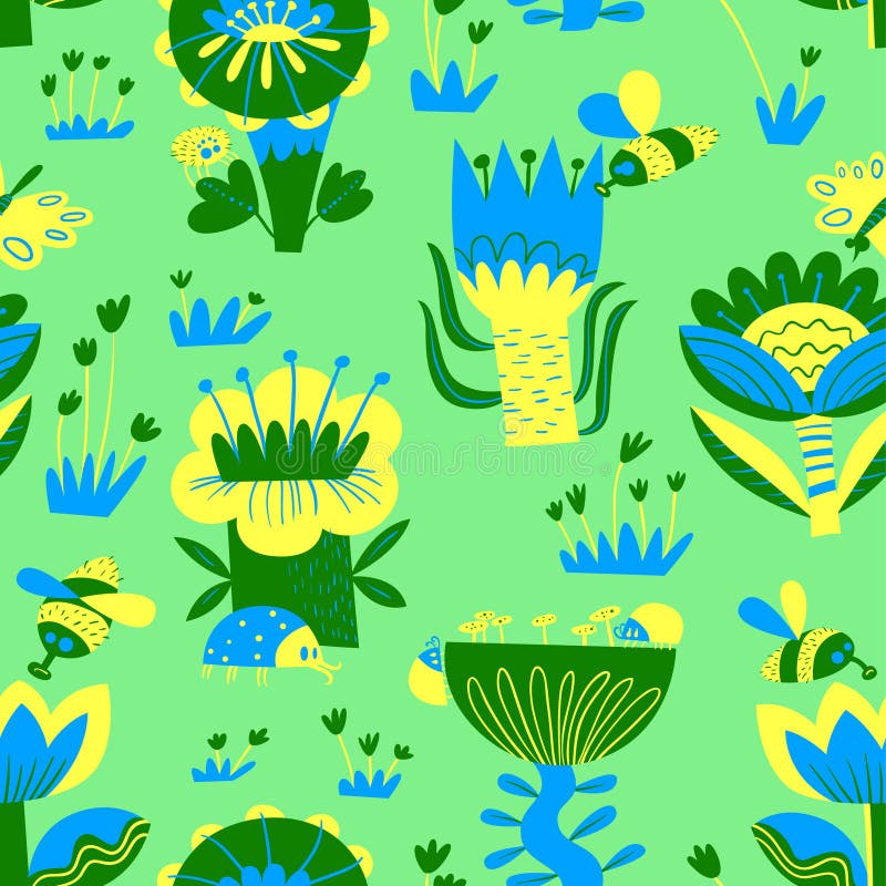 Floral Seamless Pattern With Insects. Background Of Abstract Flowers ...