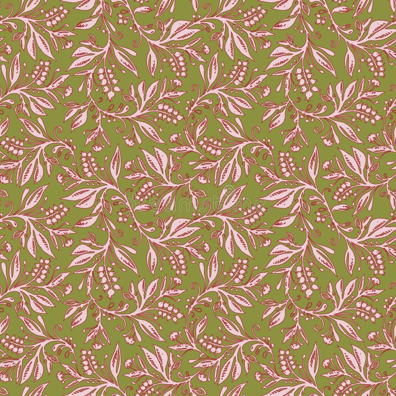 Floral Seamless Pattern with Leaves and Berries in Chartreuse Green and ...
