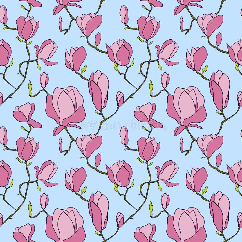 Floral Seamless Pattern of Magnolia and Leaves Stock Illustration ...