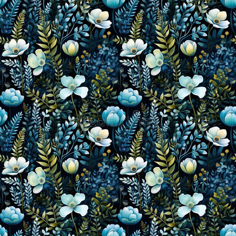 Floral Seamless Pattern of Night Blue Flowers and Plants on a Dark ...