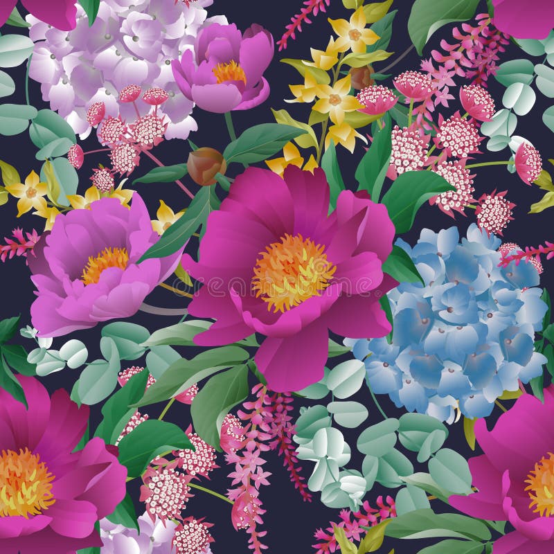 Floral Seamless Pattern. Peonies, Hydrangeas, Eucalyptus Branches ...