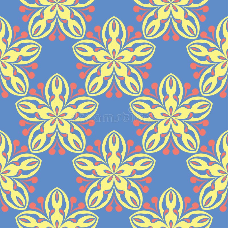 Floral Seamless Pattern. Red and Yellow Flower Elements on Blue ...