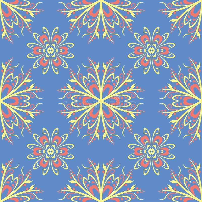 Floral Seamless Pattern. Red and Yellow Flower Elements on Blue ...
