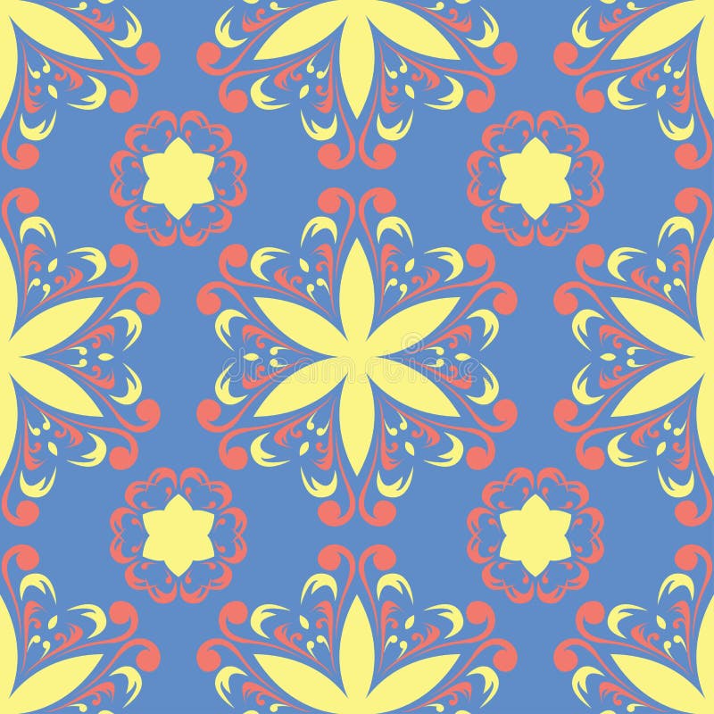 Floral Seamless Pattern. Red and Yellow Flower Elements on Blue ...