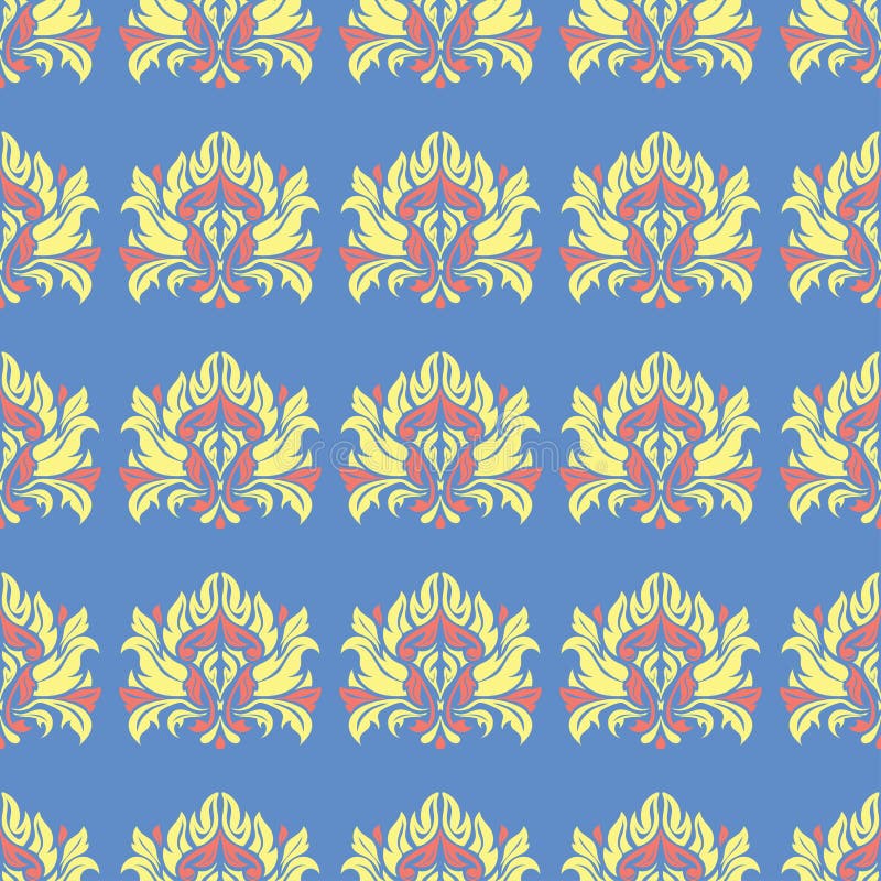 Floral Seamless Pattern Red And Yellow Flower Elements On Blue