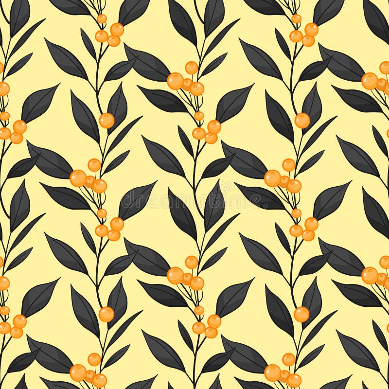 Floral Seamless Pattern with Vertical Branches, Black Leaves, Yellow ...