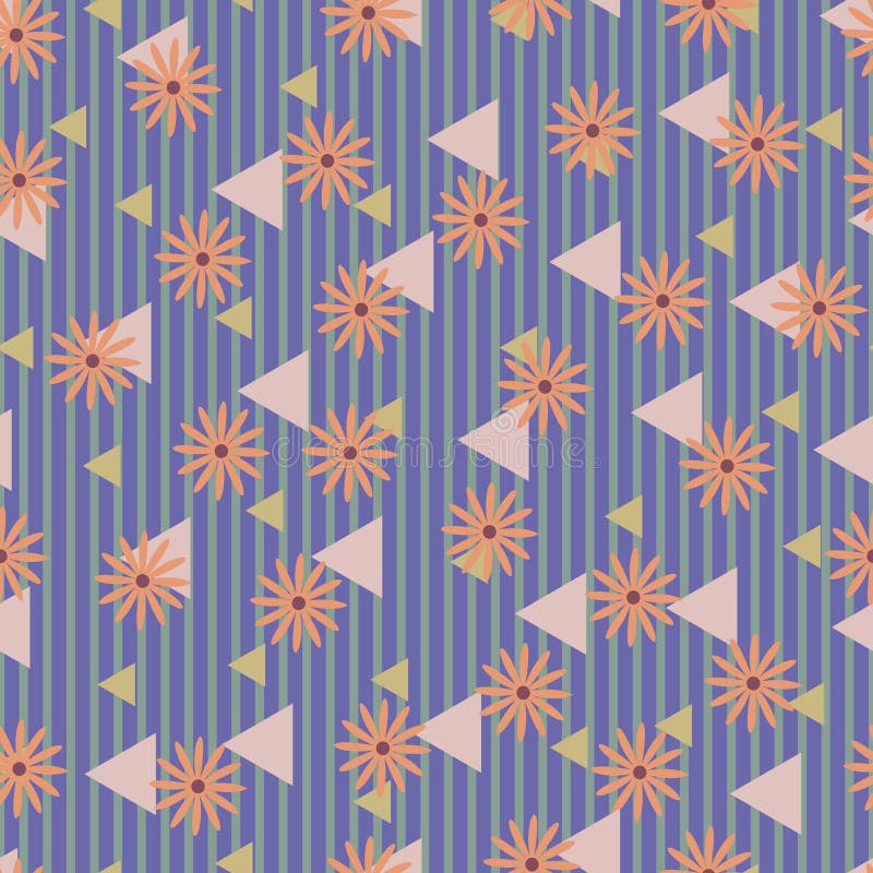 Floral Seamless Pattern on Vertical Stripes. Geometric Surface Design of Flowers and Triangles ...
