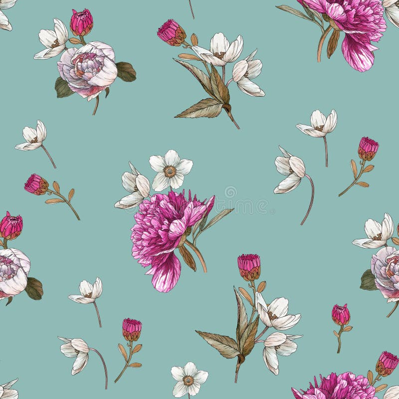 Floral Seamless Pattern With Watercolor Peonies And Anemones On Blue