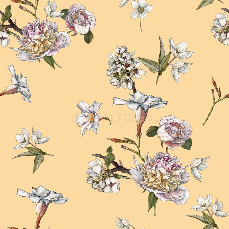 Floral Seamless Pattern with Watercolor White Peonies and Anemones ...