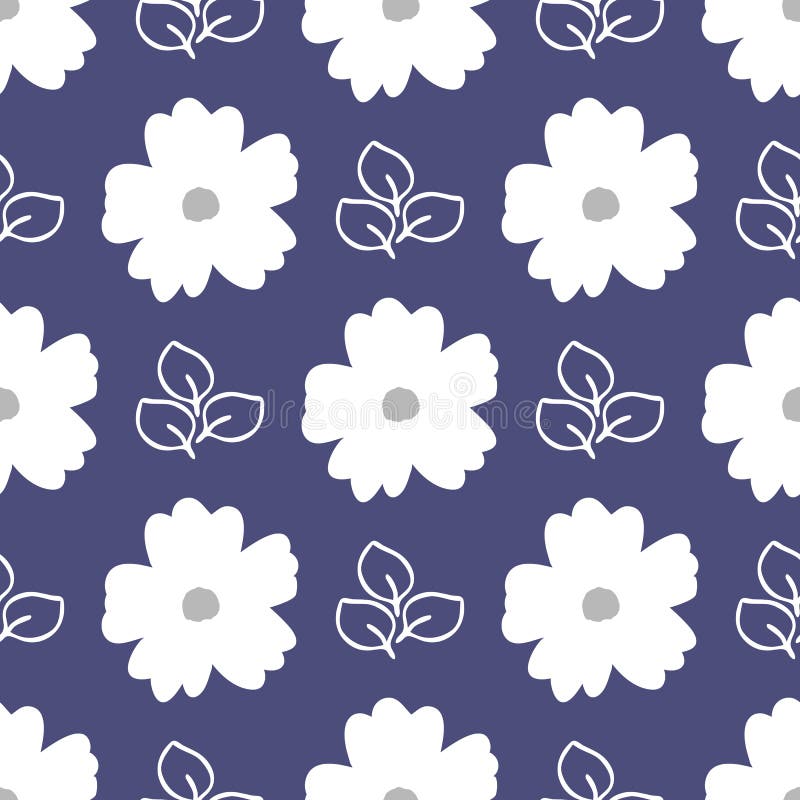 Floral Seamless Pattern. White Flowers and Outlines of Leaves on a Blue ...