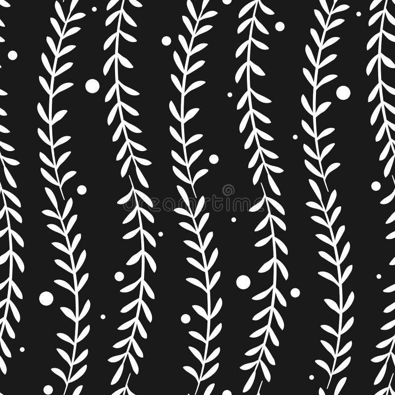 Floral Seamless Pattern with White Vertical Branches and Leaves; Black ...