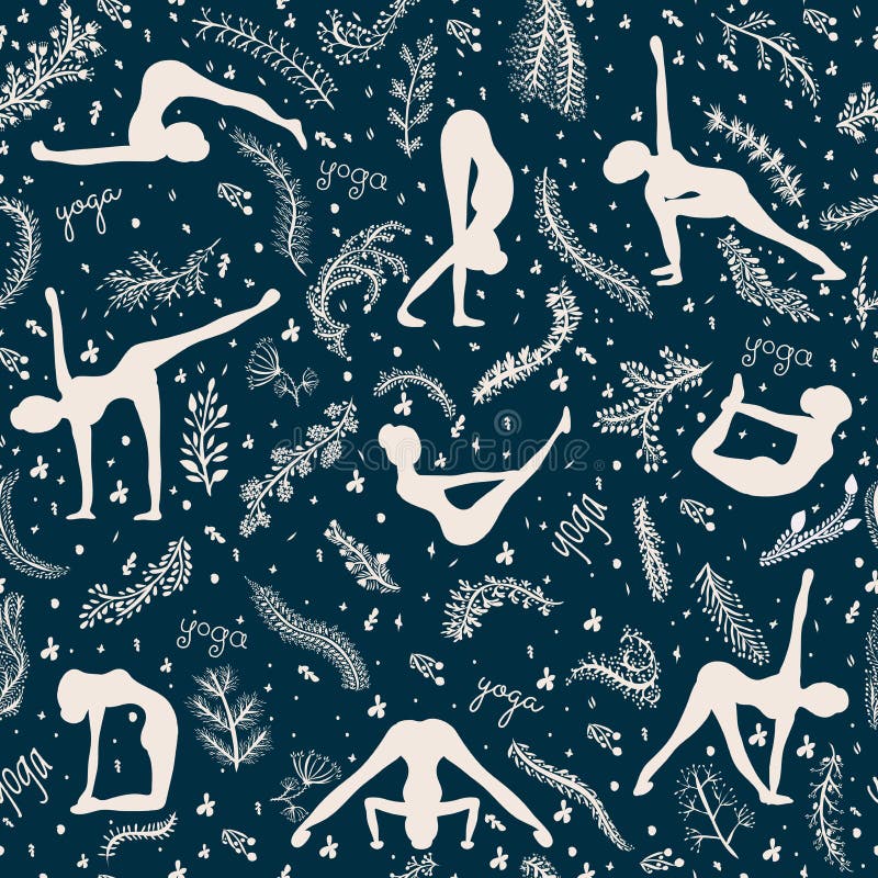 Floral Seamless Pattern Woman Practicing Yoga Pose Stock Vector