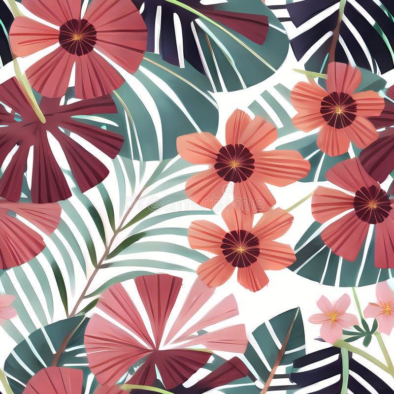 A Continuous Belt of Tropical Florals. Wallpaper Pattern Painted in ...