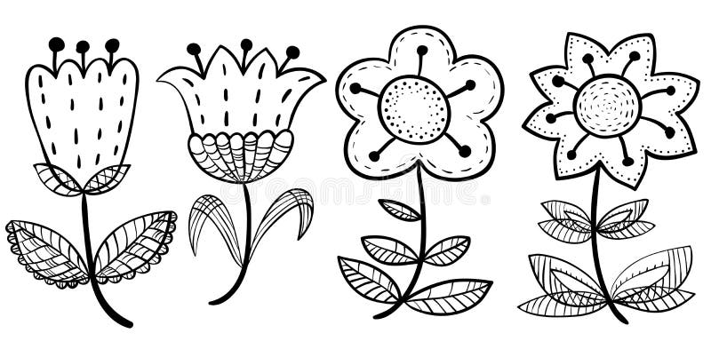 Floral Set in Doodle Style. Design Elements with Abstract Flowe Stock ...