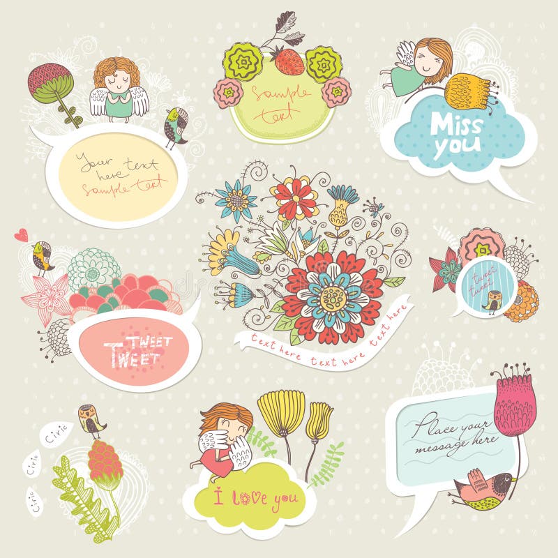 Floral Set Frames with Cute Characters Stock Vector - Illustration of ...