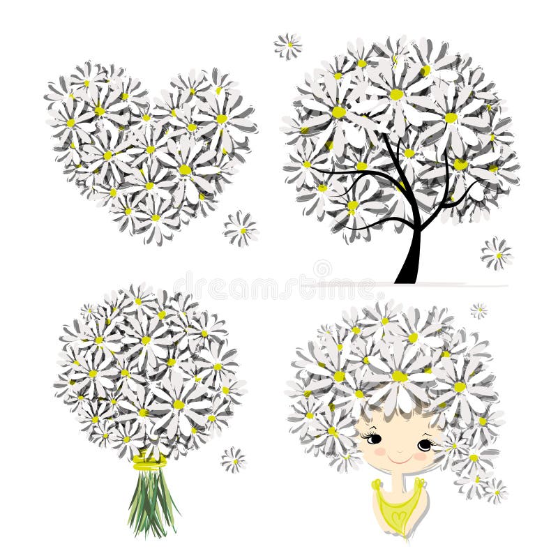 Floral Set - Tree, Girl, Heart, Frame for Your Design Stock Vector ...