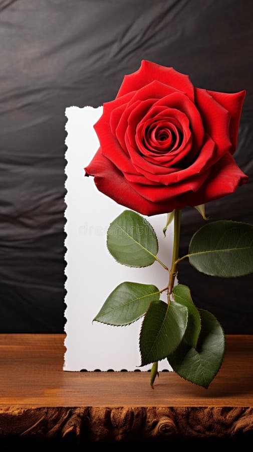 Floral Simplicity Red Rose with White Paper on Rustic Tabletop Stock ...