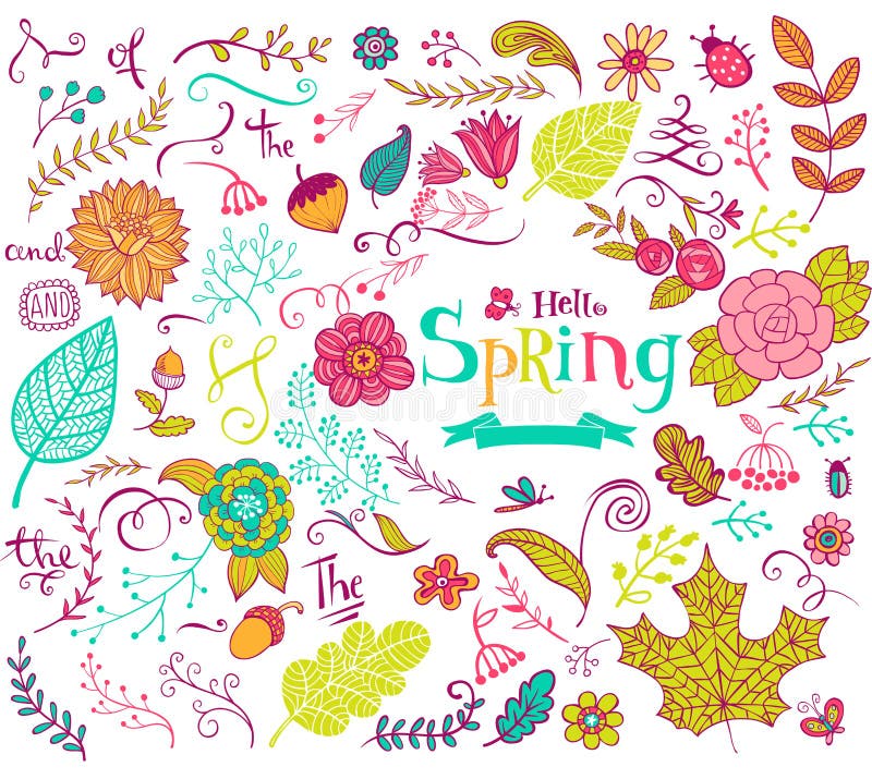 Floral Spring Design Elements in Doodle Style Stock Vector ...