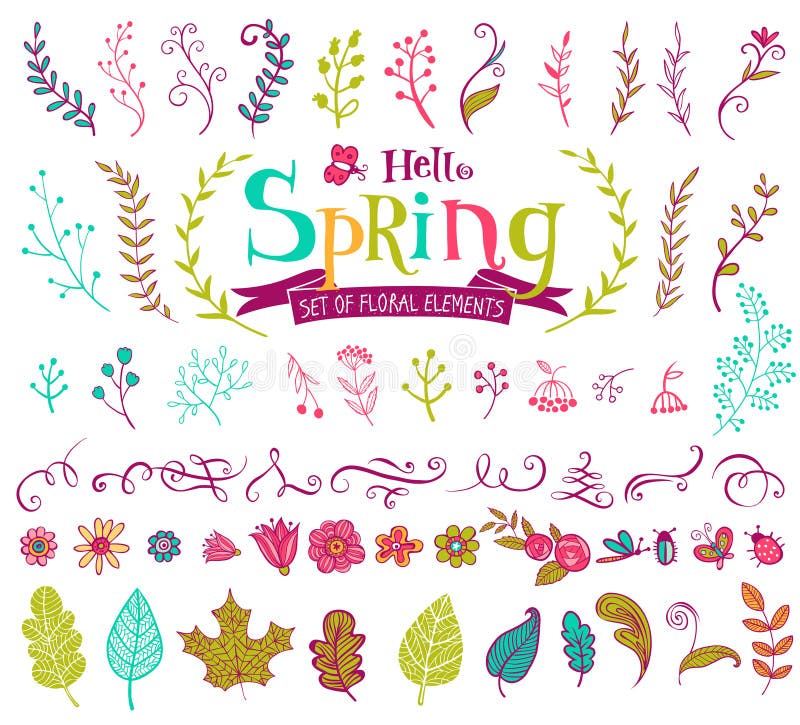 Floral Spring Design Elements in Doodle Style Stock Vector ...