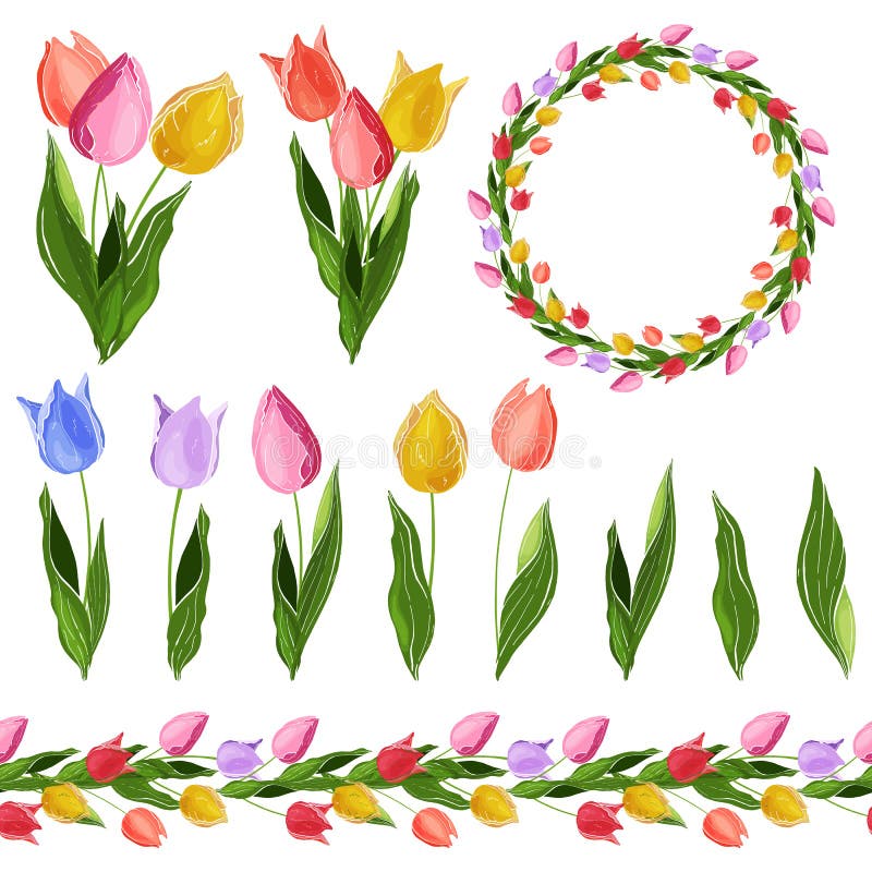 Floral Spring Elements, Floral Set. Bunches of Tulips. Seamless Stock ...