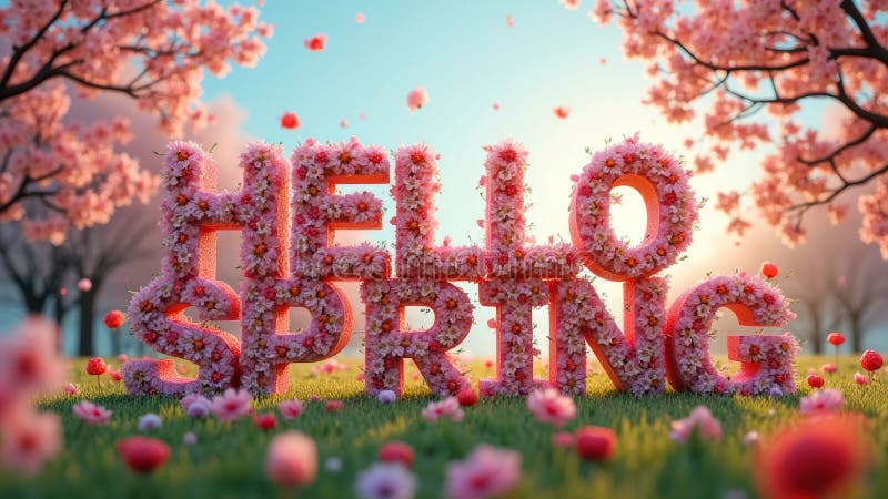Floral Spring Landscape with Cherry Blossoms and Hello Spring Text ...