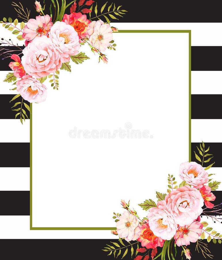 Floral Square Background Template with Roses and Black Stripes Stock ...